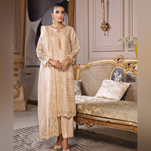 Dresses | Traditional Skin Colour Embroidered Dress Qameeztrouser And ...